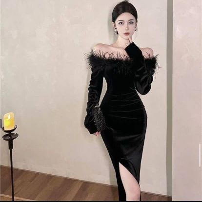 صنعاء مستلزمات نسائية فستان طويل مخمل على ريش-335712|Yemen Mazad